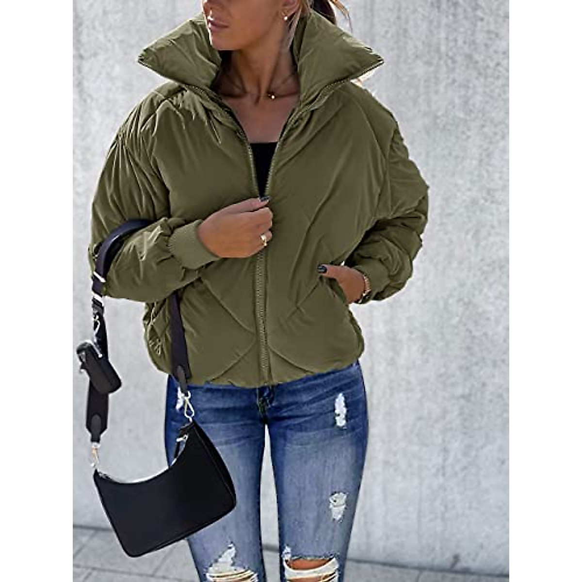 MEROKEETY Women's Long Sleeve Zipper Puffer Jacket Winter Quilted Short Down Coat with Pockets,Green,M