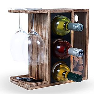 Rustic State Rias Countertop Wood Wine Rack for 3 Bottles and 2 Stemware Glass Holder Cork Storage Tabletop Tray Freestanding Organizer - Home, Kitchen, Dining Room Bar Décor - Burnt Brown