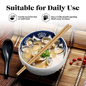 American Atelier Ramen Bowl with Chopsticks | Set of 2 | Soup Bowls for Kitchen | Udon Noodle Bowls with Chopsticks | Stoneware Rice Bowl | 6" Diameter (21 Oz) - Medallion Blue & Yellow Star Design