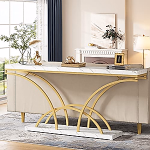 LITTLE TREE Faux Marble Console Sofa Table with Gold Half-Moon Legs,Mid-Century Modern Accent Tables for Entryway, Living Room