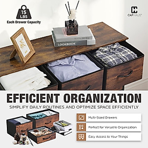 CAPHAUS Drawer Storage Tower w/ 10 Fabric Bins, Laundry Storage, Sorting Unit, Chest of Drawers, Organizer w/ P2 Board Top & Fabric Bins, Organizer Unit for Multi-purpose, Hallway, Office, Rustic Oak