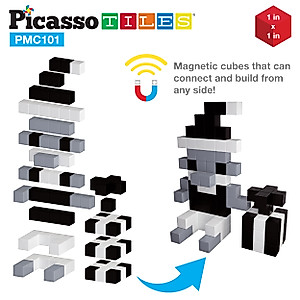 PicassoTiles Magnetic Puzzle Cube Characters + Mini + Black and White, 9pc with 18 Unique Characters Mix & Match Cubes Sensory Toys, 0.5” Pixel 100pcs, 1” 101pcs, Free Ideabook with 53 Ideas Age 3+