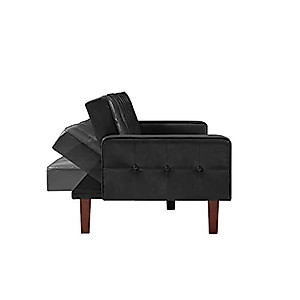 Eafurn 74.41" Faxu Leather Upholstered Futon Sofa Bed, Deep Button Tufted Convertible Folding Sleeper Couches with Solid Wood Legs, 3 Seater Comfy Soft Sofa & Couches for Living Room Office, Black PU