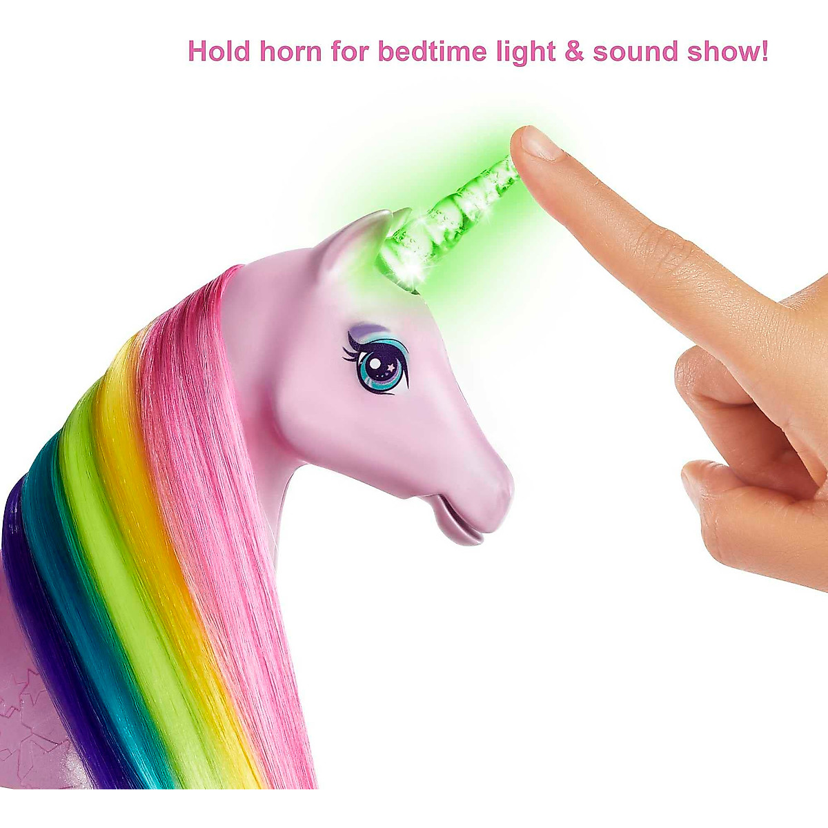 Barbie Dreamtopia Magical Lights Unicorn with Rainbow Mane, Lights and Sounds, Princess Doll with Pink Hair and Food Accessory, Gift for 3 to 7 Year Olds, Multi, Única