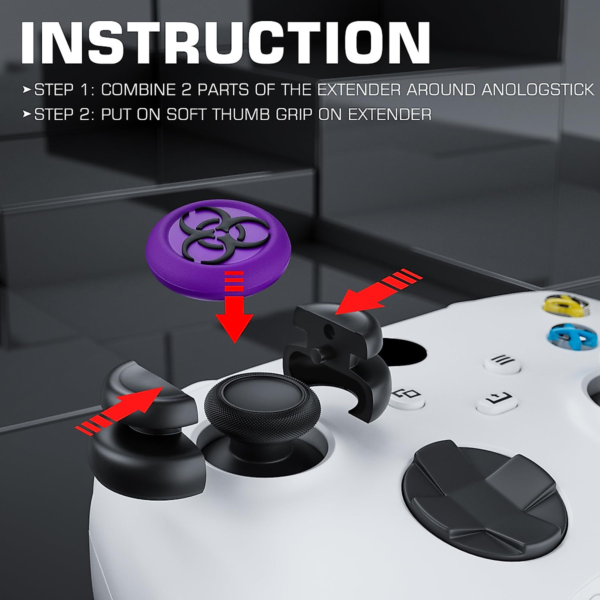 PlayRealm NO Falling Off Thumbstick Extender & Silicone Grip Cover 2 Sets for Xbox Series X/S & Xbox One S/X Controller(BH Purple)