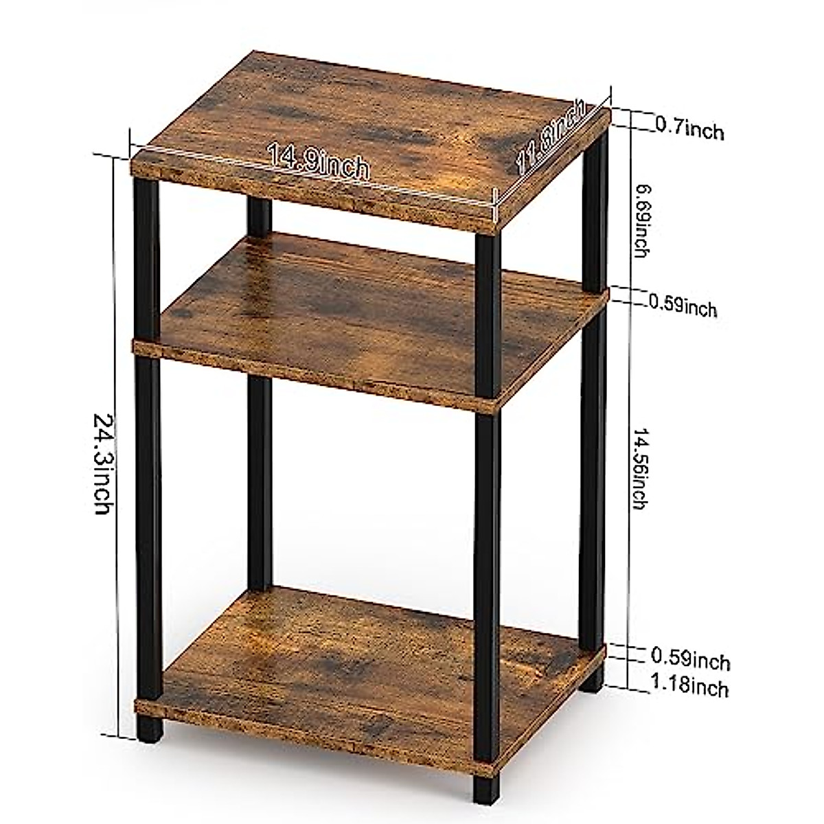 WOODYNLUX Night Stand 3-Tier Side Table, End Table with Shelves, Tall Bedside Table, Nightstand Accent Table for Living Room, Bedroom, Rustic.