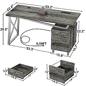 Homieasy Computer Desk with File Cabinet & Charging Station, Heavy Duty Home Office Executive Desk with Storage Drawers, Sturdy Spacious Workstation with Power Strip Cable Grommets, Black Oak