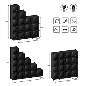 SIMPDIY Storage Modular Cubes 16 Cubes Black (124x124x30cm) Plastic Portable Organizer Bookshelf Shelf Rack