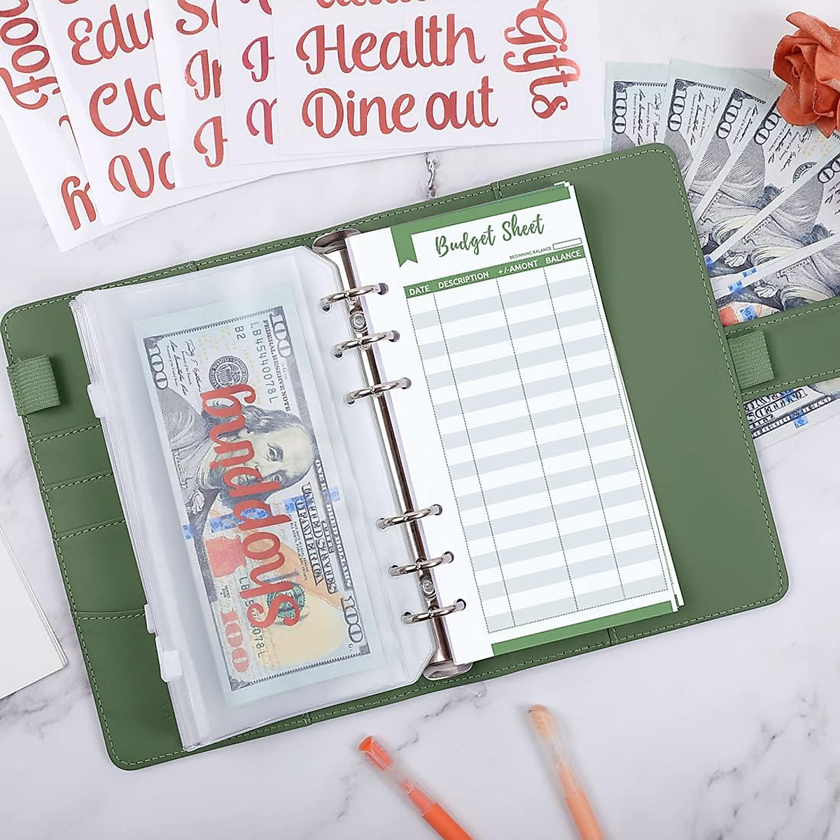 SKYDUE Budget Binder with 8pcs Zipper Envelopes,Money Organizer for Cash with 12pcs Expense Budget Sheets & 24 Rose Gold Sticky Labels,Budget Organizer for Cash