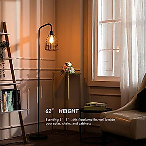 VONLUCE Industrial Floor Lamp Black, Rustic Cage Reading Floor Lamp with Heavy Metal Based Mid-Century, 62" Farmhouse Style Modern Standing Light for Bedroom, Living Room, Office