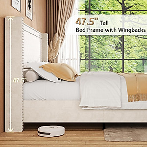 Jocisland Queen Size Bed Frame, Chenille Upholstered Platform Bed with Wingback Headboard & Footboard, Nailhead Trim, No Box Spring Needed, Cream
