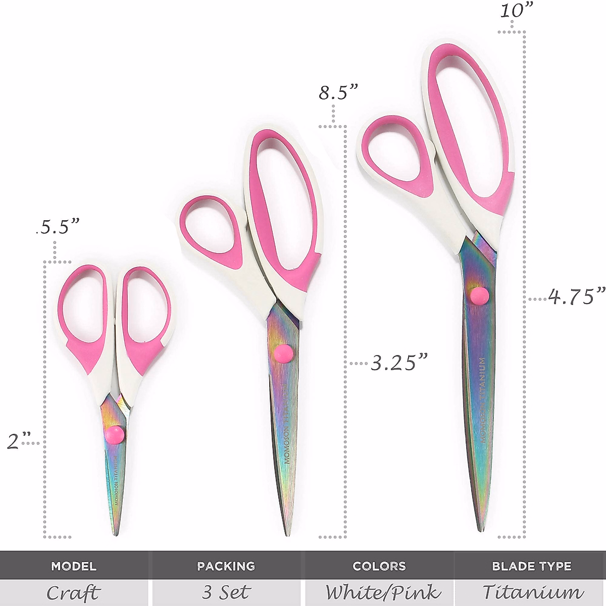BambooMN Titanium Softgrip Scissors Set for Sewing, Arts, Crafts, Office - 1 set of 3 - White w/Pink Inlays
