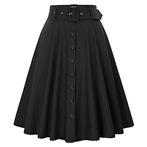 Women's Vintage High Waisted A-Line Skirts Flowy Long Skirt with Pockets and Belts Black XL