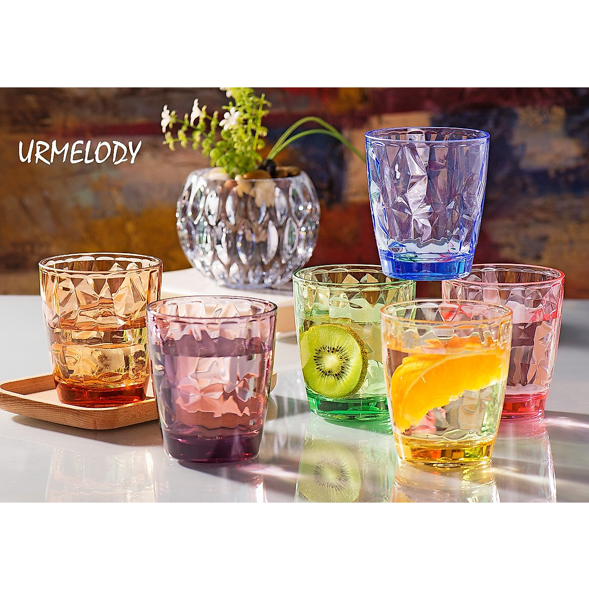 Urmelody 11oz Colored Drinking Glasses Set Acrylic Glassware for Kids Plastic Tumblers Cups Picnic Water Glasses Unbreakable Juice Drinkware for Camping Restaurant Beach BPA Free
