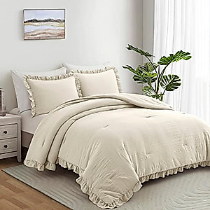 Bonlino Home Bed Bedding Comforter Set - 3 Pieces Queen Comforter Set, Farmhouse Bedding Set with Ruffle Bed Comforter & Ruffle Pillows Shams(Queen Size Wheat)