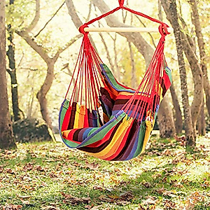 Tangkula Hanging Hammock Chair, Hanging Swing Chair with 2 Pillows, Wood Support Bar, Handmade Cotton Rope Hanging Seat for Indoor Outdoor, Ideal for Bedroom, Patio, Yard, Garden