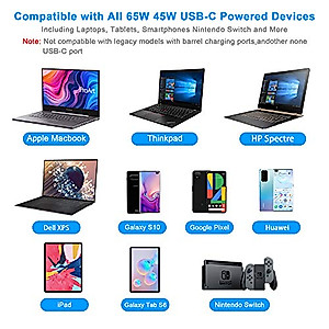 65 Watt USB C Laptop Charger, 65W 45W Type C Laptop Power Adapter Fast Charger Laptop Power Supply for Lenovo HP Dell Asus Acer Mac Book Pro and Other Laptops/Smart Phones Computer