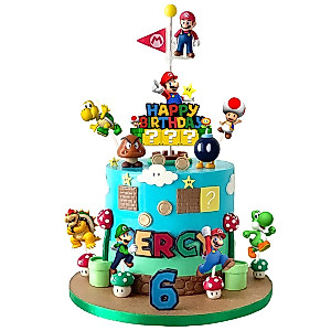 7pcs Acrylic Super Mario Happy Birthday, Mario Bros Smash Cake Topper, Party Supplies for Children