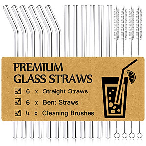 Mohary® 16-Pack Reusable Glass Straws, Clear Glass Drinking Straws, 8.5''x10MM, Set of 6 Straight and 6 Bent with 4 Cleaning Brushes, Perfect for Smoothies, Juice, Milkshakes, Tea