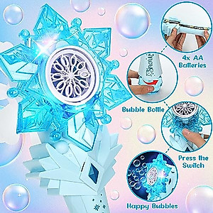 2 in 1 Princess Magic Bubble Blower Wand Machine for Kids, Snowflake Maker Wand Toys with Windmill & Light Up LED & Music, Outdoor Christmas Birthday Gift for Girls