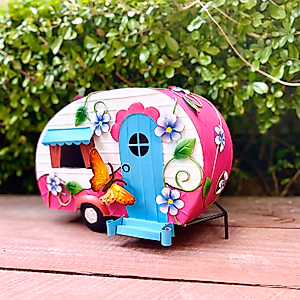 SUBOLO Fairy Camping Trailer Garden Statue Outdoor Metal Fairy House Garden Decor for Home Lawn Porch Patio Decoration
