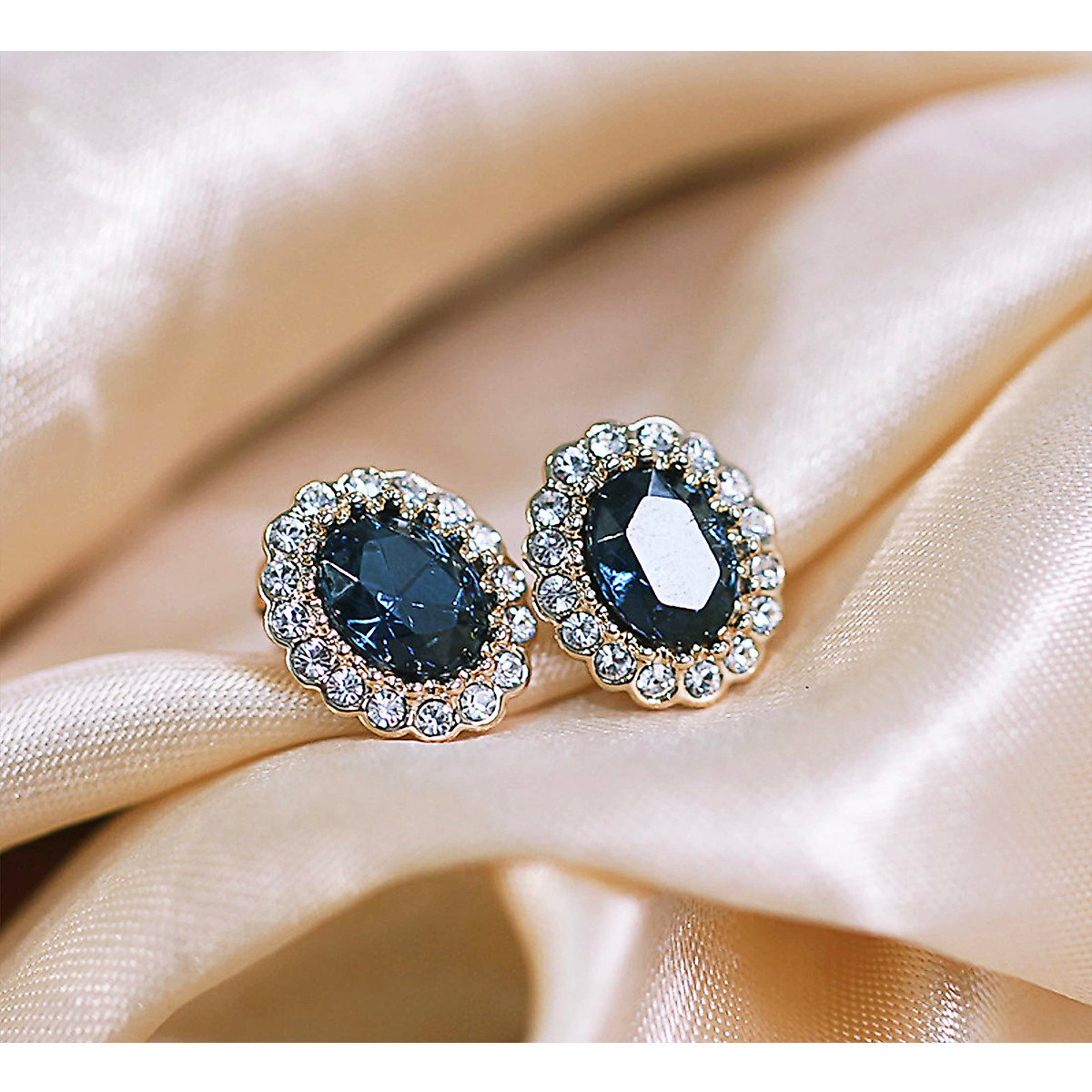 Gold Plated Oval Shaped AAAAA Australia Crystal with Clear Cubic Zirconia Stud Earrings Fashion Jewelry for Women (Rose Gold Sapphire)