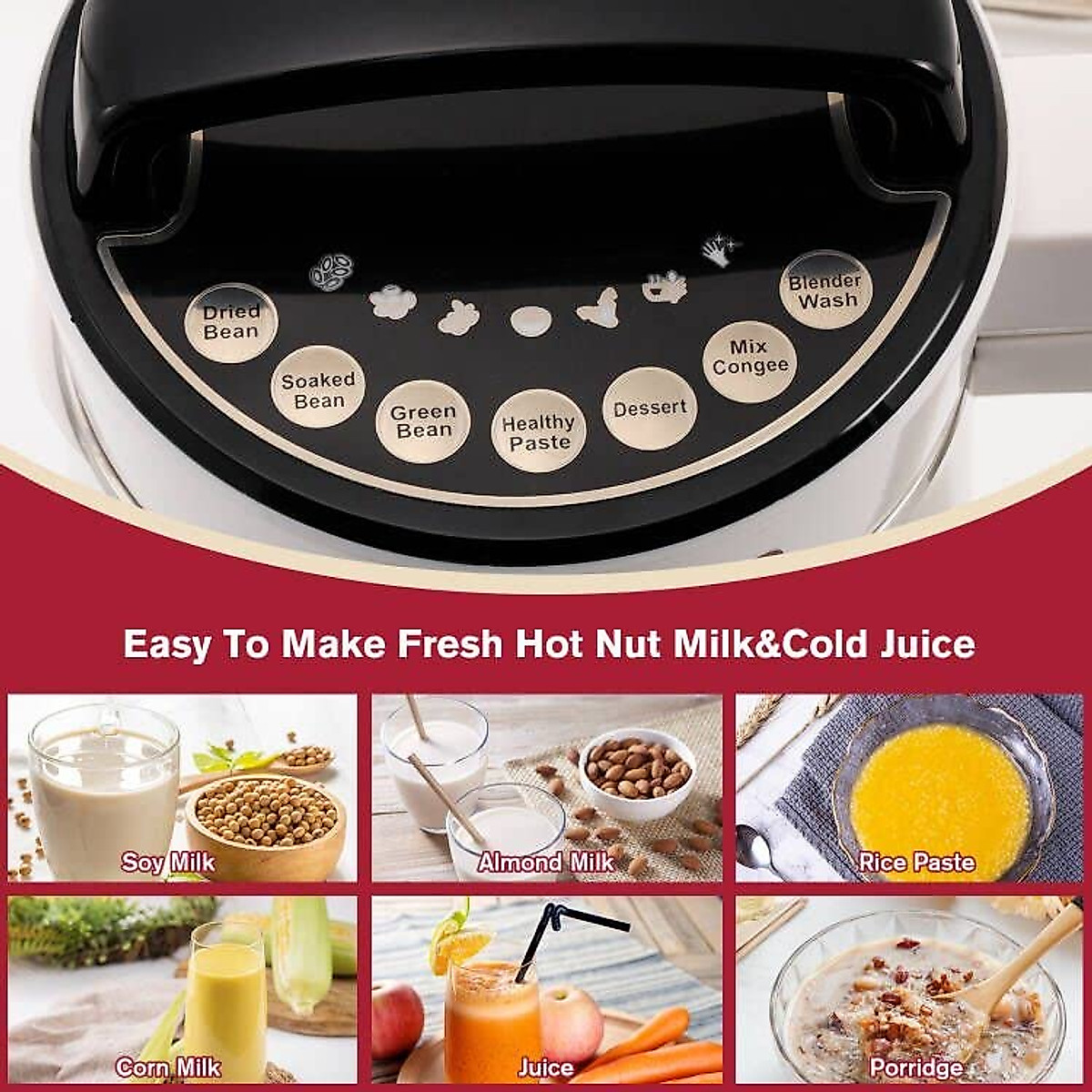 LANUEVA Soy Milk Maker Machine 1.3L/44OZ, 8 In 1 Nut Milk Maker for Dry Wet Soybean, Almond Milk, Vegan Nut Milk, Oat Milk, Smoothies, Porridge, Paste, Juice, Self-Cleaning, Include Recipe, 110V