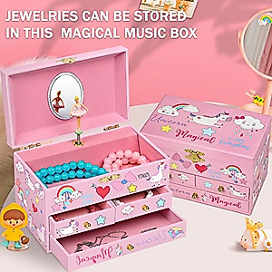 efubaby Musical Jewelry Box for Girls with Spinning Ballerina Unicorn Design, 3 Pullout Drawers, Unicorn Jewelry Set Included Kids Jewelry Box for Little Girls Valentine Gift, Waltz of Flowers Tune