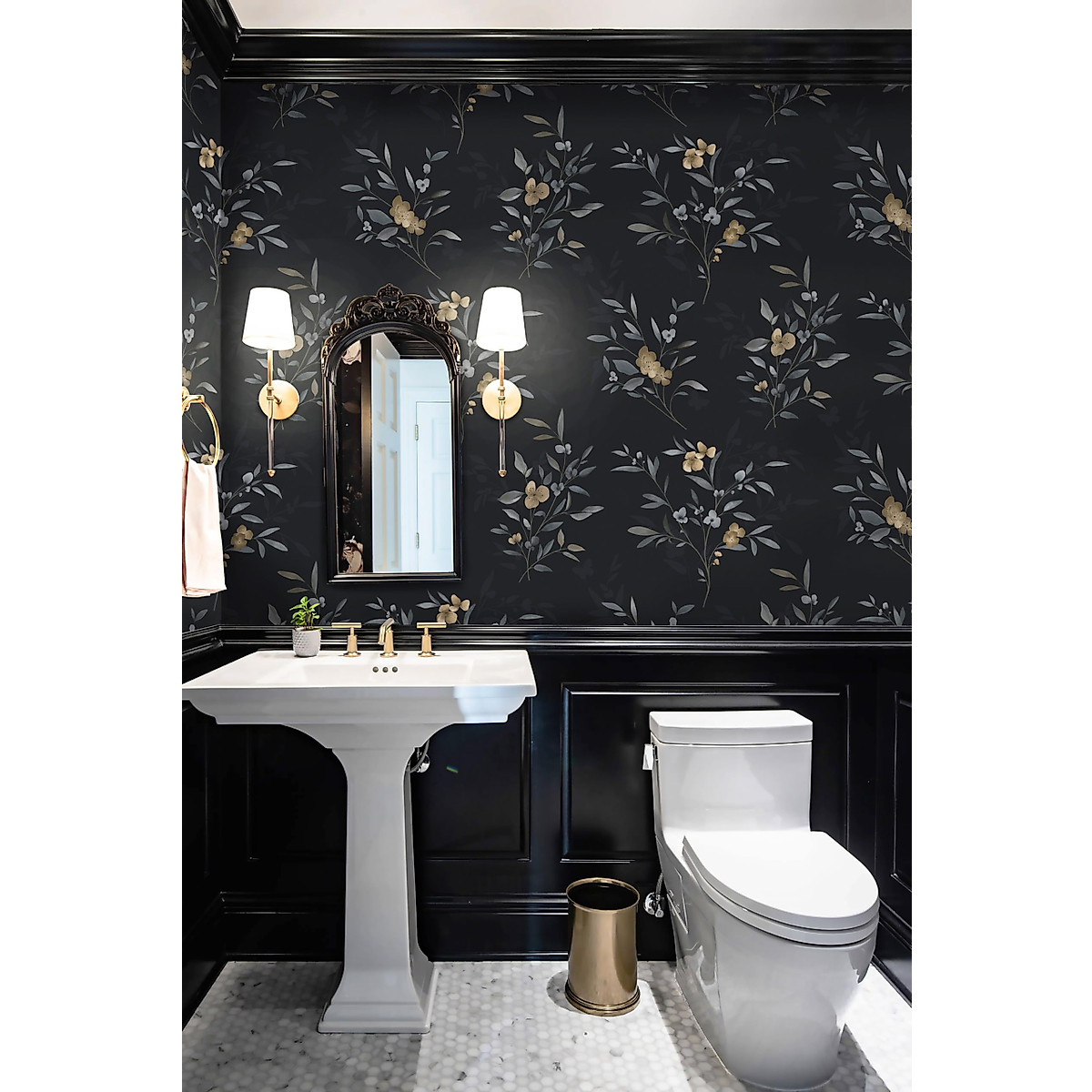 Feisoon Black and Gold Wallpaper Flower Wallpaper Floral Leaf Contact Paper Self Adhesice Wallpaper 16.14"x78.7" Waterproof Contact Paper Removable Wallpaper for Furniture Cabinet Stair Wall Decor