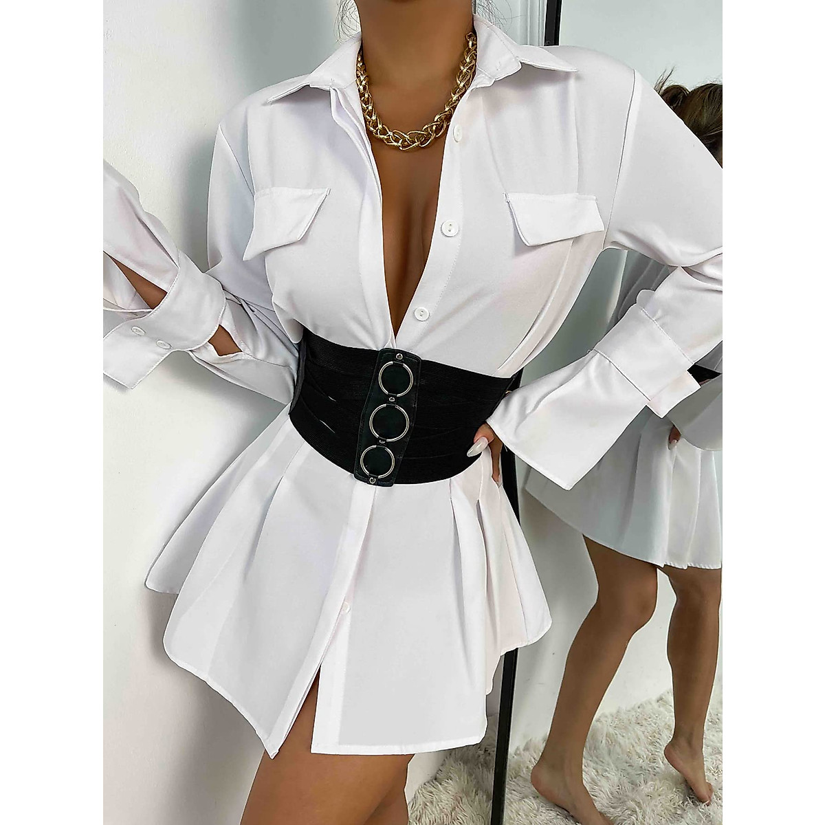 Moessa Women's 7 Inch Wide Lattice Corset Waspie Elastic Waist Belt V792-Black-One Size