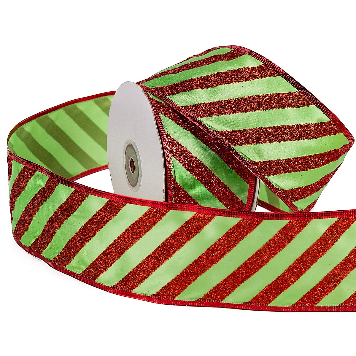 LaRibbons Wired Christmas Holiday Ribbon - Green with Red Glitter Stripe Ribbon - 2.5 inch x 25 Yard Each Roll - Red Wired Edge