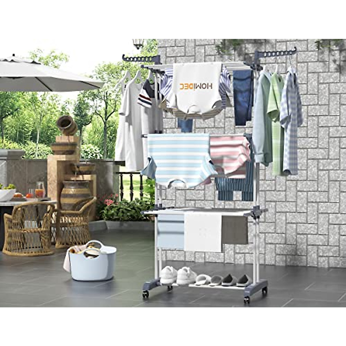 HOMIDEC Clothes Drying Rack, Oversized 4-Tier(67.7" High) Foldable Stainless Steel Drying Rack Clothing, Movable Drying Rack with 4 castors, 24 Drying Poles & 14 Hooks for Bed Linen, Clothing, Grey