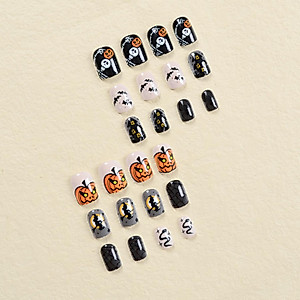 Halloween Press on Nails Short Square Fake Nails with Skull Pumpkins and Bats Designs Full Cover Stick on Nails Cute False Nails for Women Girls 24Pcs