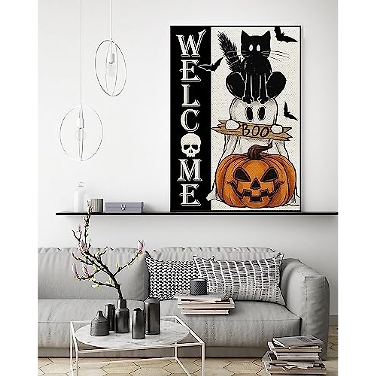Welcome Halloween Diamond Painting Kits for Adults Beginners, Black Cat Ghost Boo Pumpkin 5D Diamond Art Kits, DIY Full Round Drill Gem Art, Fall Home Wall Decor 12 x 16 Inch