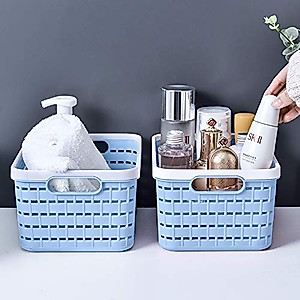 5Pack Plastic Storage Basket Blue, Desktop Weave Baskets with Handle, Portable Bathroom Open Storage Bin, Small Plastic Containers Shelf Brackets for Shelves Countertop Kitchen Cabinet Office