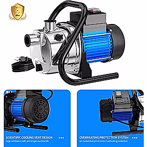 PANRANO 1.6HP Water Pump Electric Shallow Well Pump Portable Water Transfer Stainless Steel Pumps with 6 Accessories for Pool Draining Home Garden Lawn Irrigation Farm Water Removal Sprinkler System