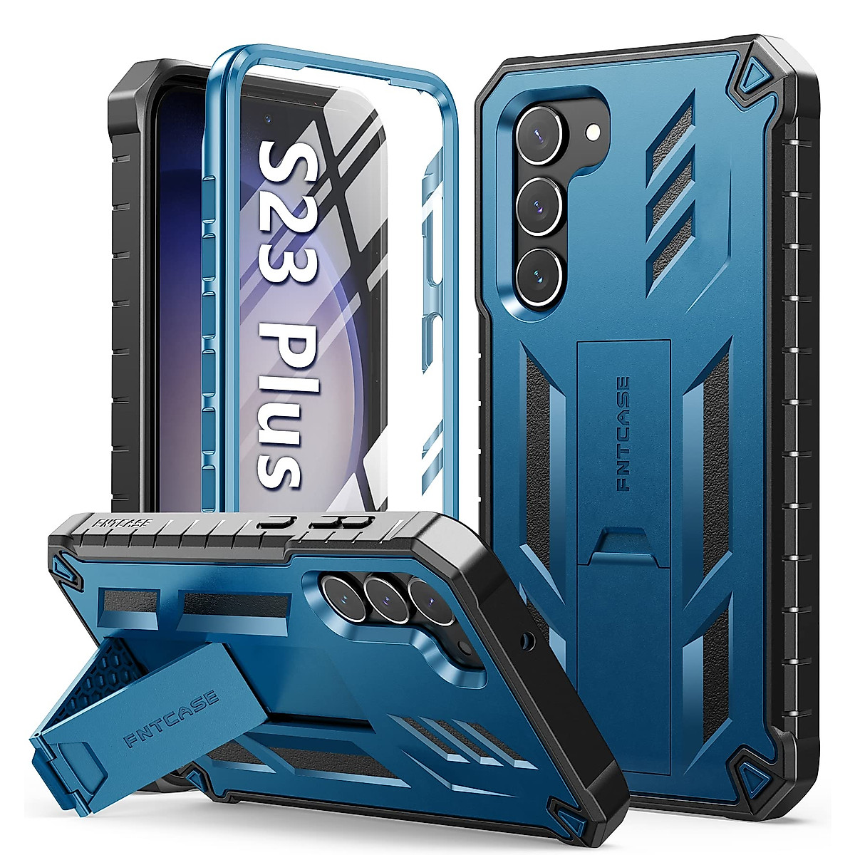 FNTCASE for Samsung-Galaxy S23+Plus Case: Dual Layer Protective Textured Cover & Rugged TPU Shell with Kickstand | Military Grade Drop Protection | Heavy Duty Cell Phone Protector(Blue)