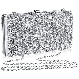 Clutch Purse Evening Bag Women Rhinestone Glitter Handbag Double Sided with Chain Crossbody Purse Shoulder for Wedding Party (Silver)