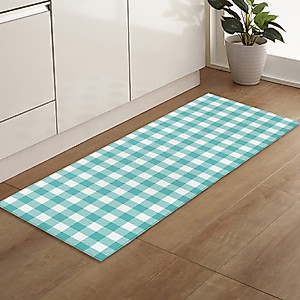 YOKOU Kitchen Rugs, Farmhouse Decoration Teal Green and White Buffalo Check Plaid Non Slip Runner Rug Mat for Floor, Kitchen, Bedside, Sink, Office, Laundry, 18"X47.2"