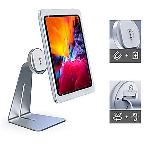 EMONITA Magnetic iPad Stand with 360° Adjustable Rotatable Charging Port iPad Cases - Silver