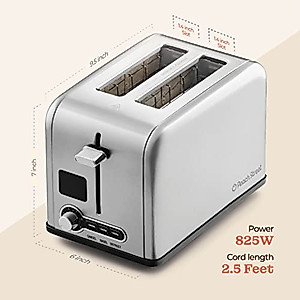 Peach Street 2 Slice Toaster Compact Bread Toaster with Digital Countdown, Wide Slots, Auto-Pop Stainless Steel, 6 Browning Levels, Removable Crumb Tray, with Defrost, Bagel, and Cancel Function