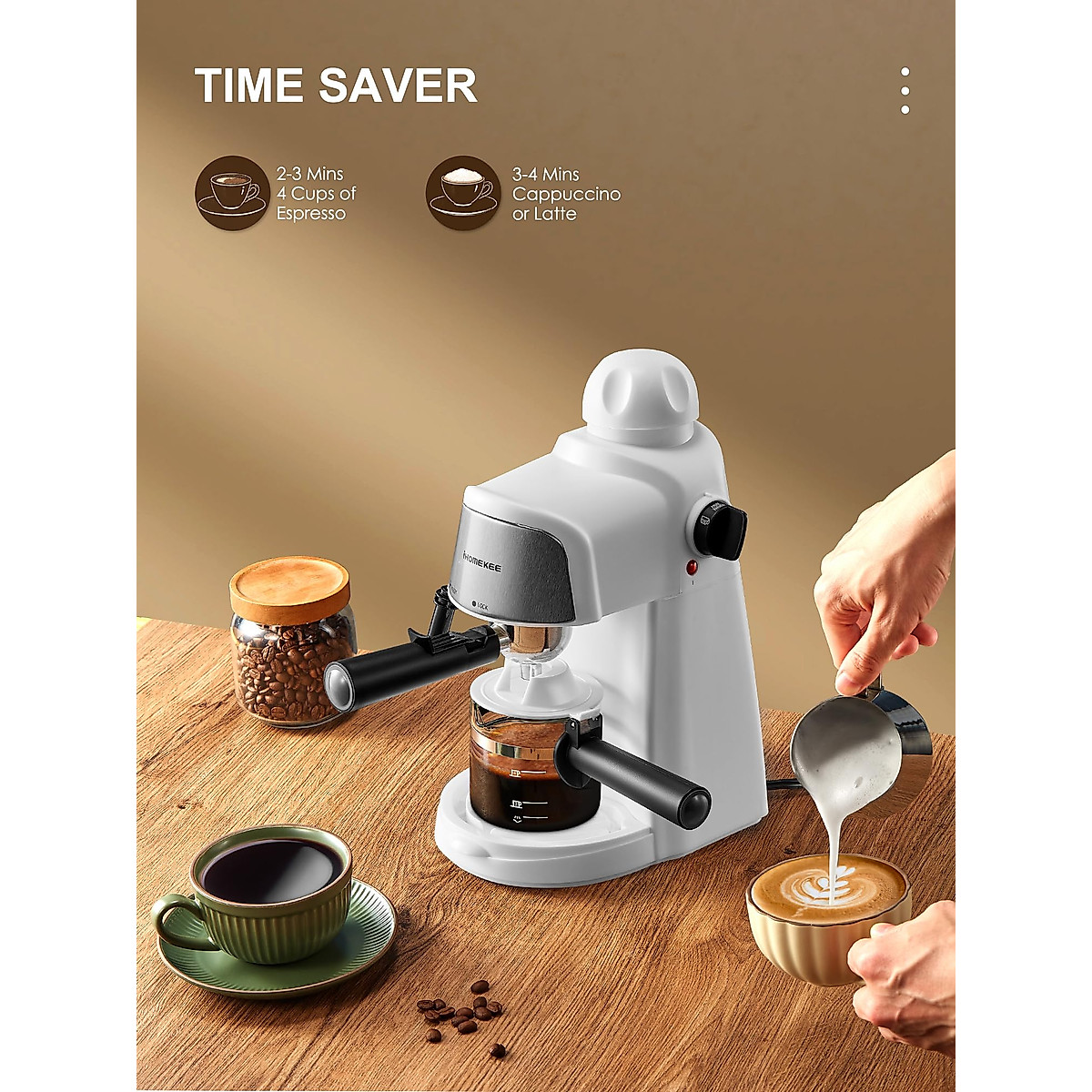 Ihomekee Espresso Machine, 3.5Bar Espresso and Cappuccino Machine with Preheating Function, 4 Cup Coffee Maker with Milk Frothing Function and Steam Wand (White), CM6810