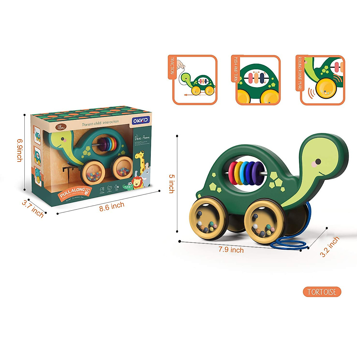 Toddler Push & Pull Toys, Pull-Along Baby Toy with Rubber Rimmed Wheels for Easy Push and Pull Action, Family Early Learning and Motor Skills Toy, Best Birthday Gifts for Pre-Kindergarten(Tortoise)