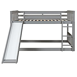 HomSof Solid Wood Full Over Full bunkbed with Slide，Full-Length Safety Guardrails,No Box Spring Needed,Grey