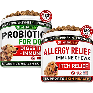 Probiotics + Allergy Relief for Dogs Bundle - Chewable Fiber Supplement + Itchy Skin Treatment - Digestive Enzymes + Omega 3 & Pumpkin - Upset Stomach Relief + Itch Relief- 360 Chews - Made in USA