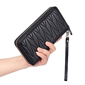 Women's RFID Blocking 36 Slots Card Holder Long Big Leather Zipper Wristlet Clutch Wallet, Black