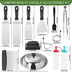Griddle Accessories Kit, 17PCS Flat Top Grill Accessories Set for Blackstone and Camp Chef, Enlarged Spatulas, Basting Cover, Scraper, Tongs, Stain Steel Grill Spatula Kit for Outdoor BBQ & Cooking