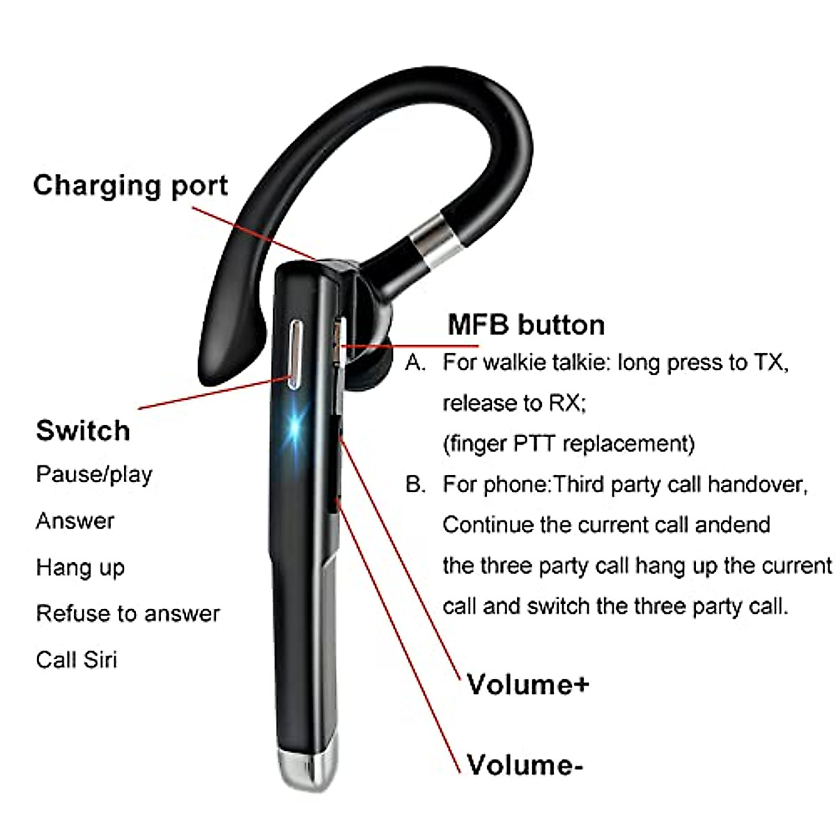 Walkie Talkie Bluetooth Headset PTT with Noise Cancelling Mic 2 Pin Wireless Earpiece Compatible with Motorola GP68 CP200 GP88 walkie talkies Radio HB-6A