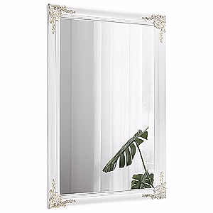 24x36 Inches White Wall Mirror, Wood Framed Rectangle Bathroom Mirror, Vintage Baroque Wall Mirror for Bedroom Bathroom and Living Room