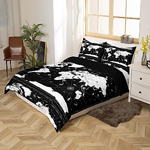 Erosebridal World Map Bedding Set Queen Nautical Theme Duvet Cover Black White Bedroom Decor Campus Sailboat Bedding, Geography Earth Global Theme Comforter Cover for Boys Girls Men Women